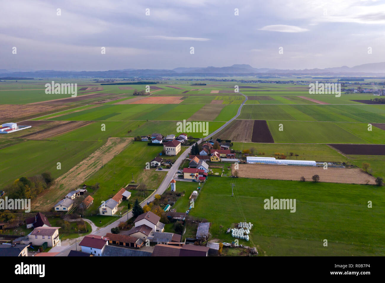 European countryside from the air, village in pannonian plain, Dravsko ...