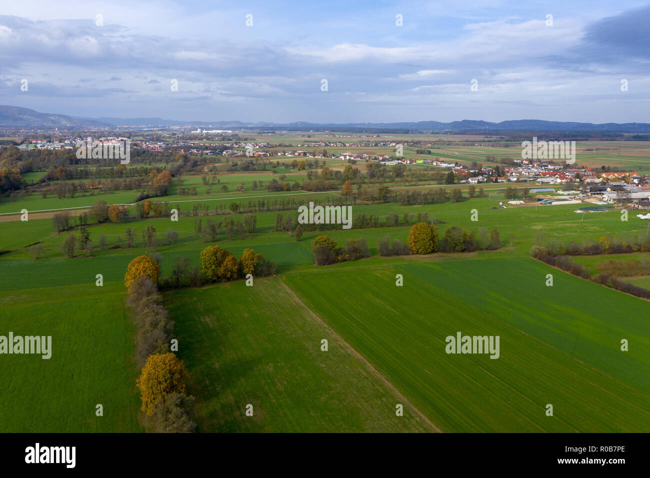 European countryside from the air, village in pannonian plain, Dravsko ...