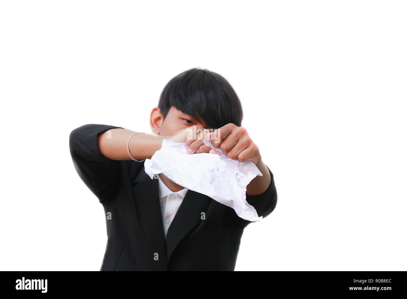 businessman tearing up a document, contract or agreement on white ...