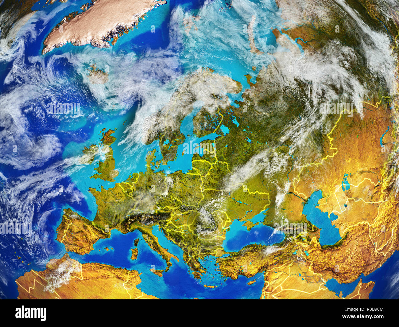 Europe on realistic model of planet Earth with country borders and very ...