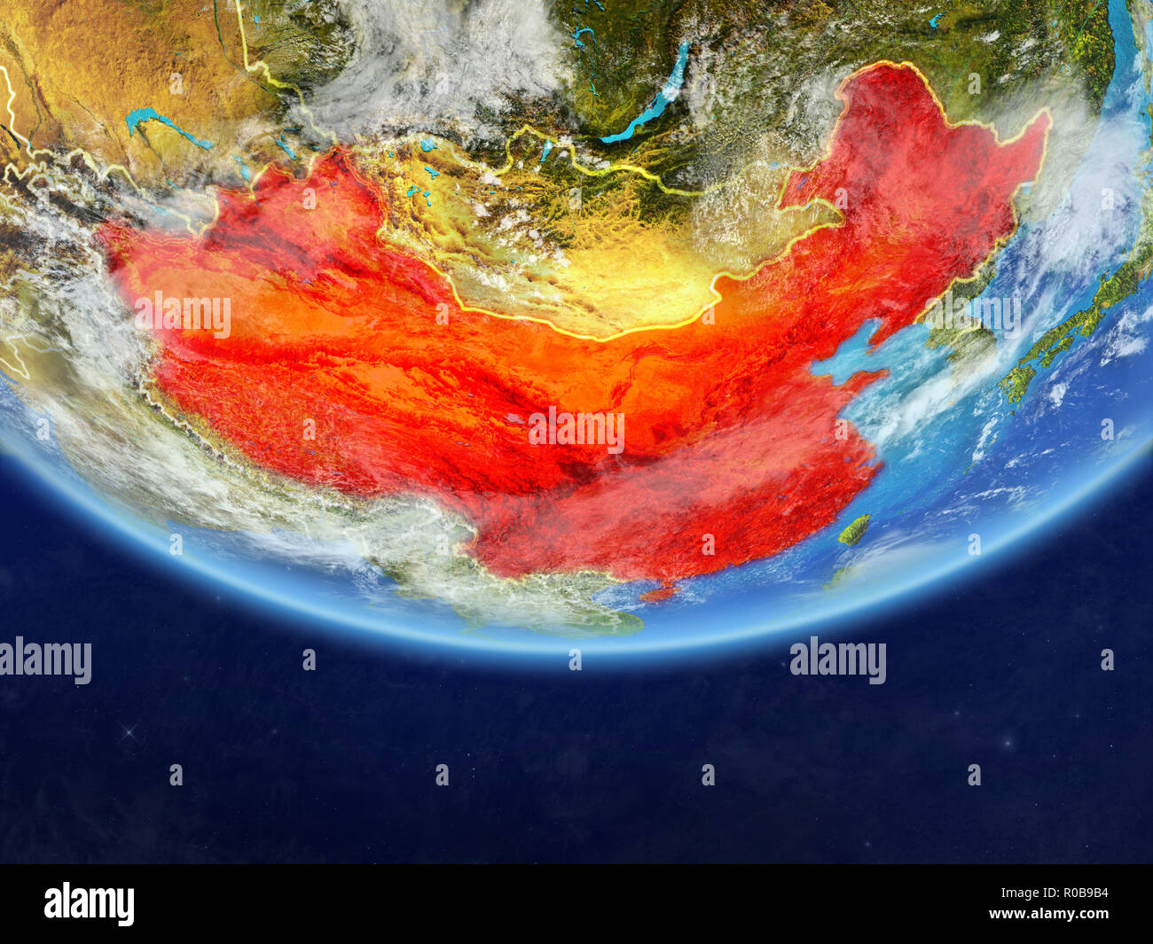 China on realistic model of planet Earth with country borders and very ...