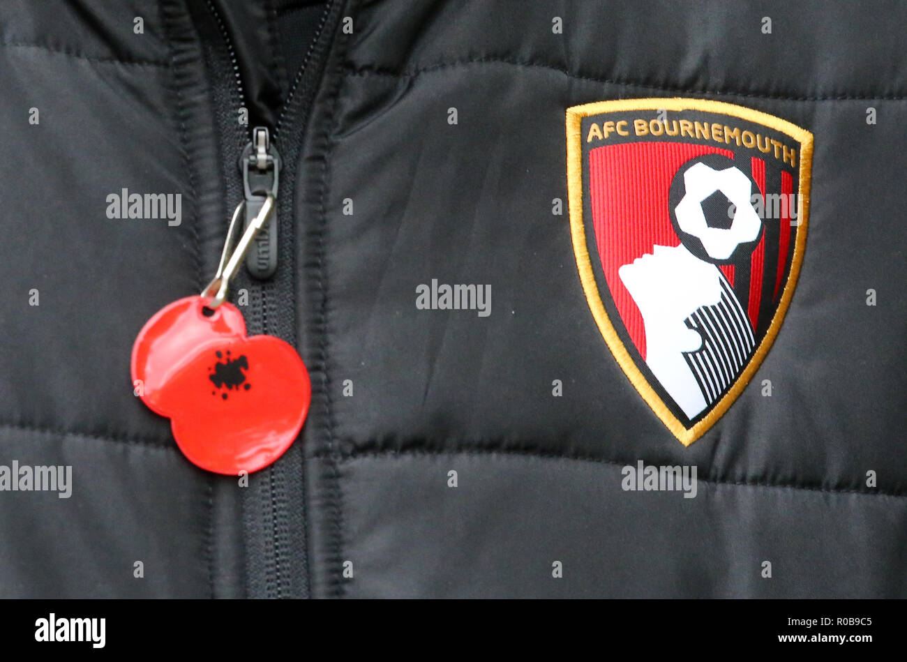 A poppy seen next to a AFC Bournemouth badge before the Premier League ...