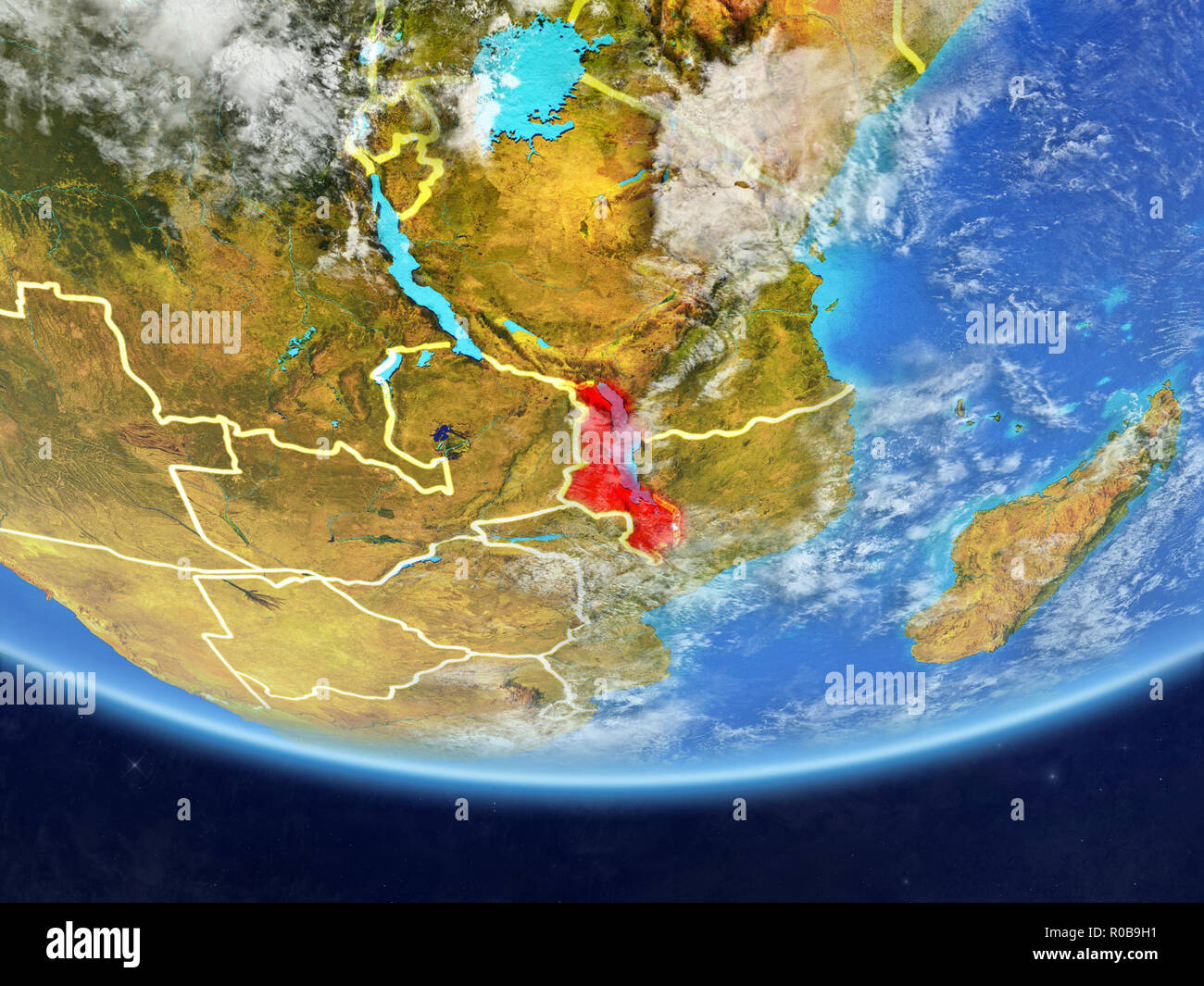 Malawi on realistic model of planet Earth with country borders and very ...
