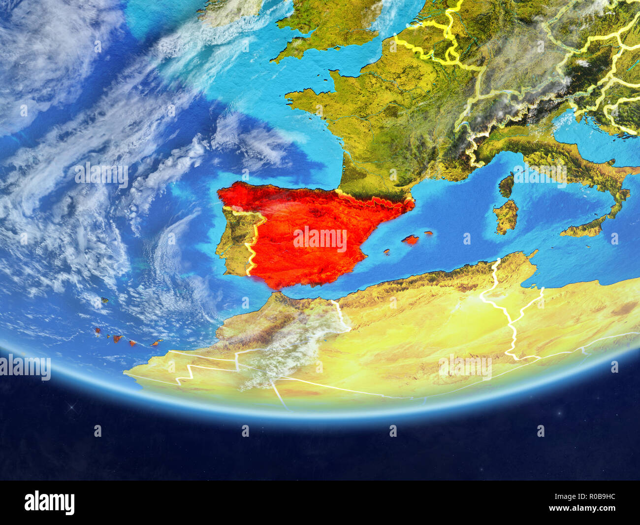Spain on realistic model of planet Earth with country borders and very ...