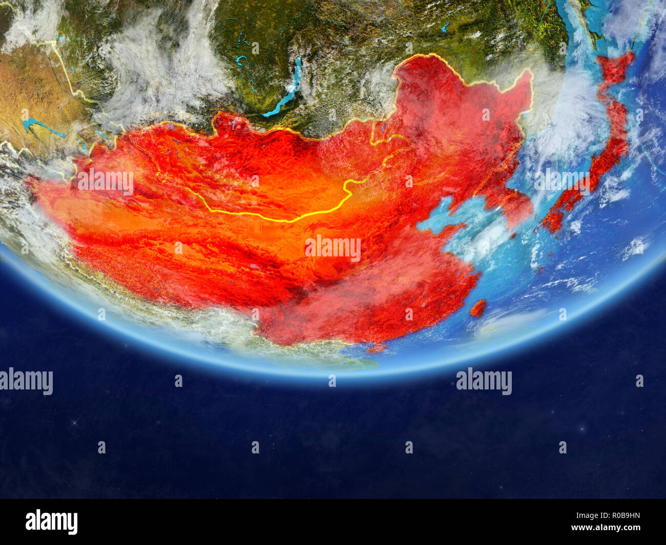 East Asia on realistic model of planet Earth with country borders and ...