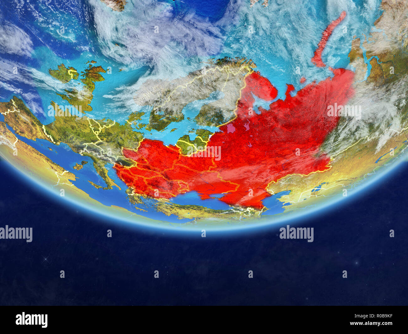 Eastern Europe on realistic model of planet Earth with country borders ...