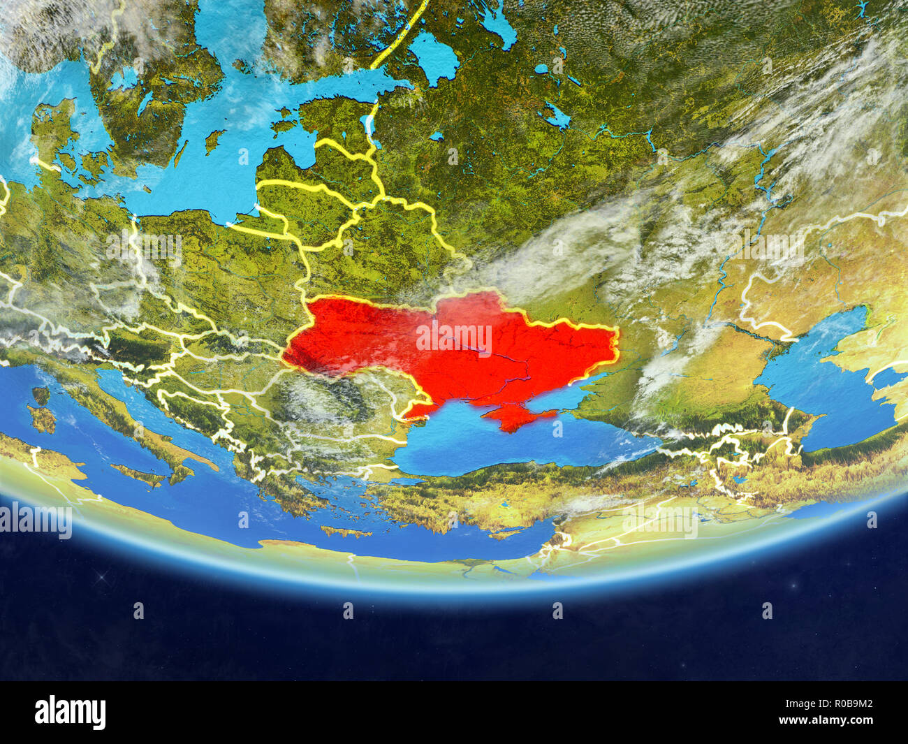 Ukraine on realistic model of planet Earth with country borders and ...