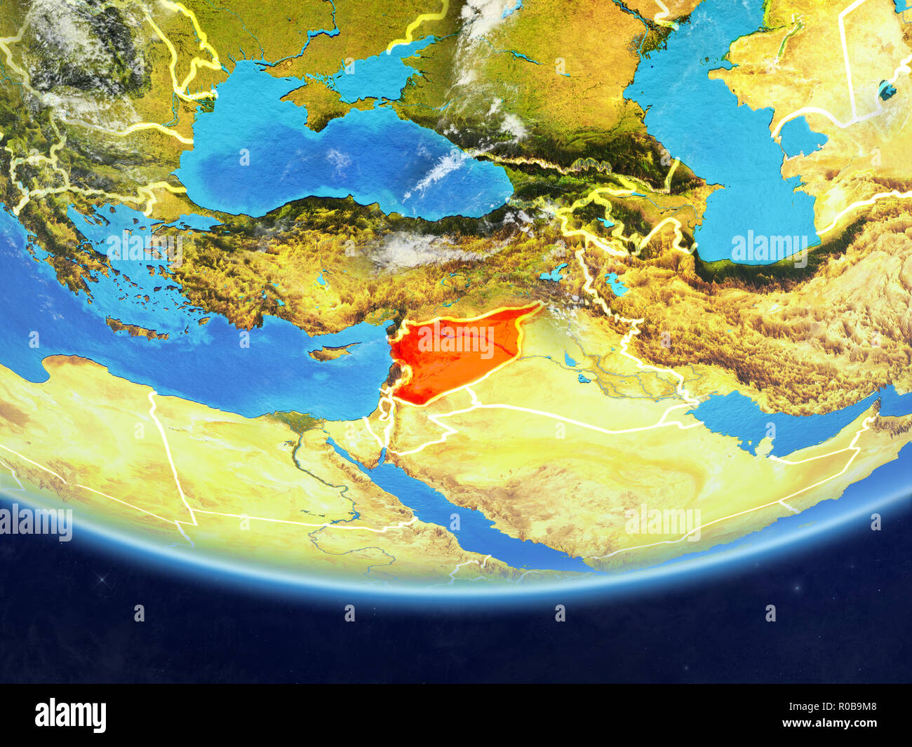 Syria on realistic model of planet Earth with country borders and very ...