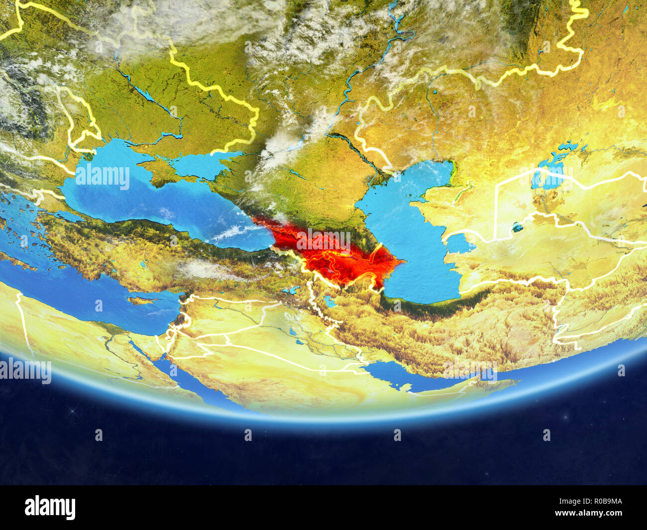 Caucasus region on realistic model of planet Earth with country borders ...