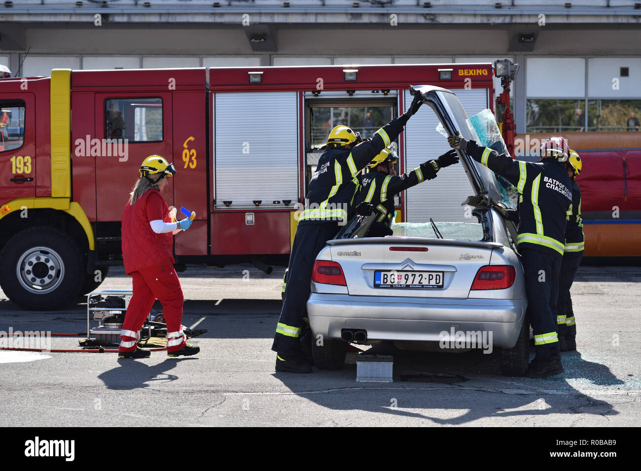 Belgrade, Serbia - October 03, 2018: Firemen saving man from car crash ...