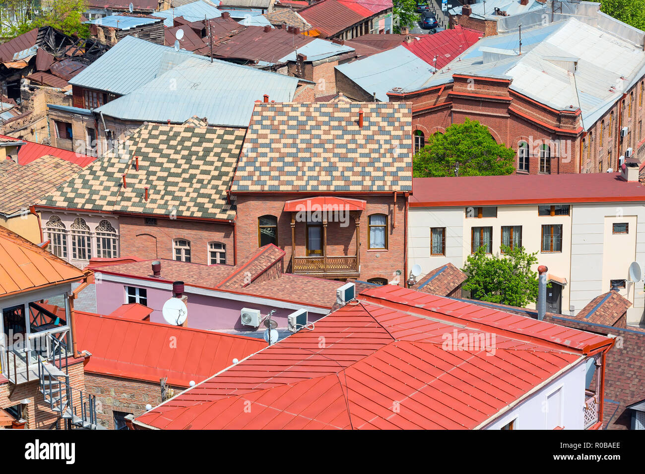aerial view with houses with traditional wooden carving balconies of ...