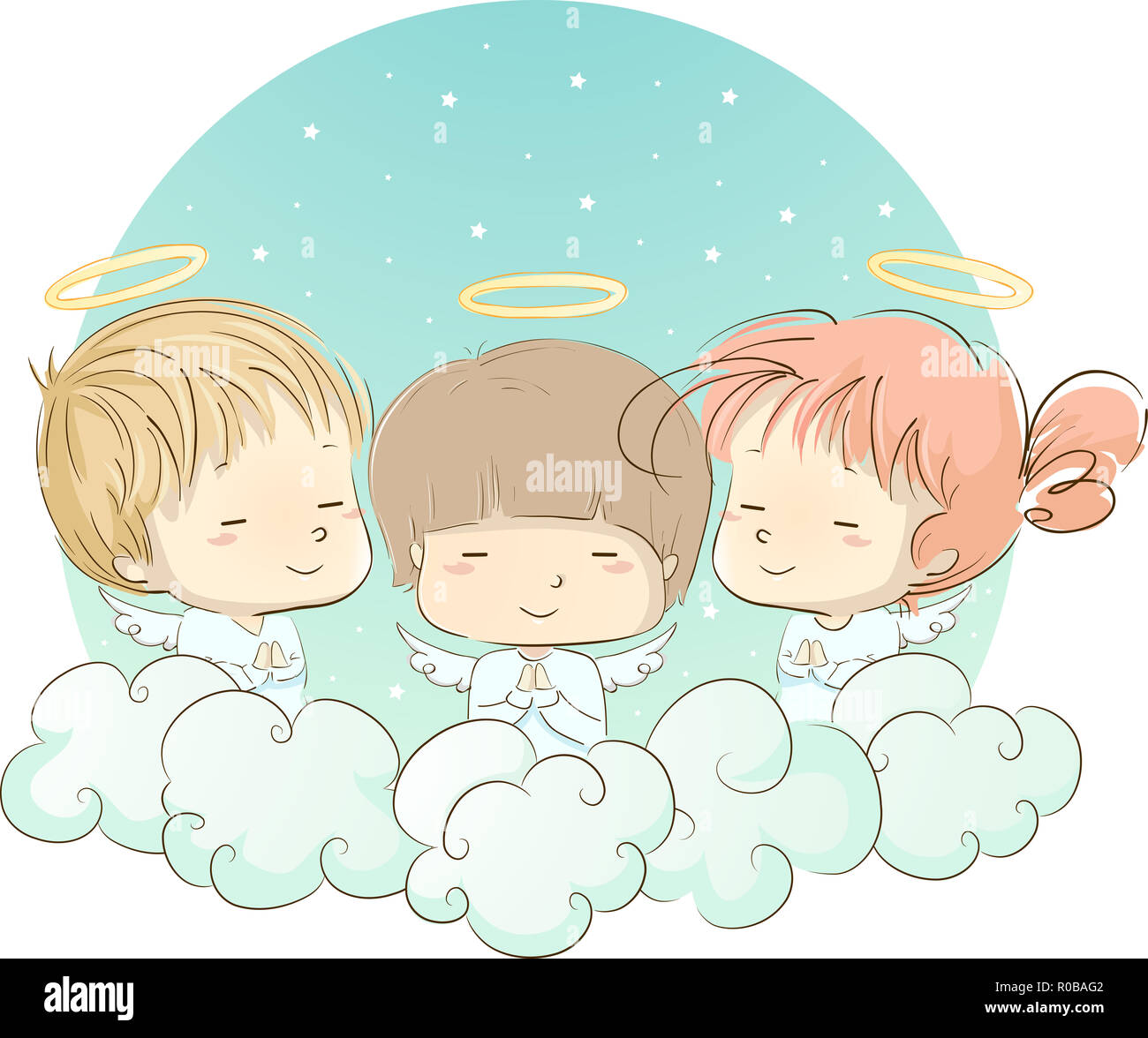 Illustration of Young Angels In White Praying among the Clouds in the ...