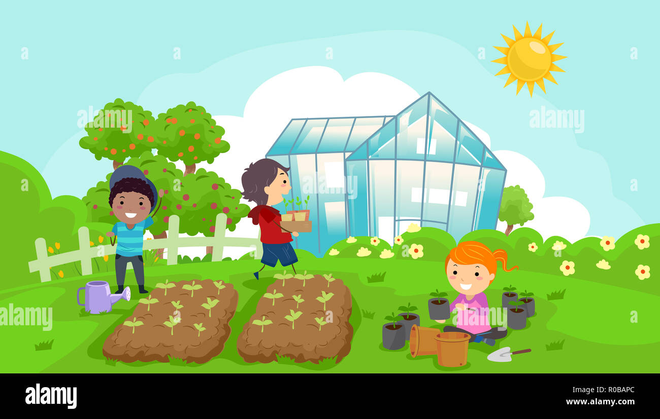 Illustration of Stickman Kids in the Garden with a Greenhouse, Garden ...