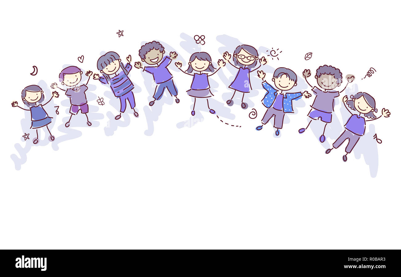 Illustration of Indigo Stickman Kids Waving Their Hands Stock Photo - Alamy