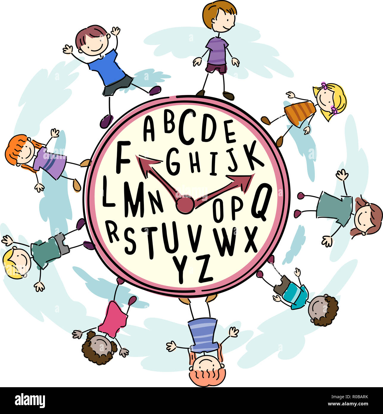 Illustration of a Stickman Kids around a Clock with the Alphabet Design ...