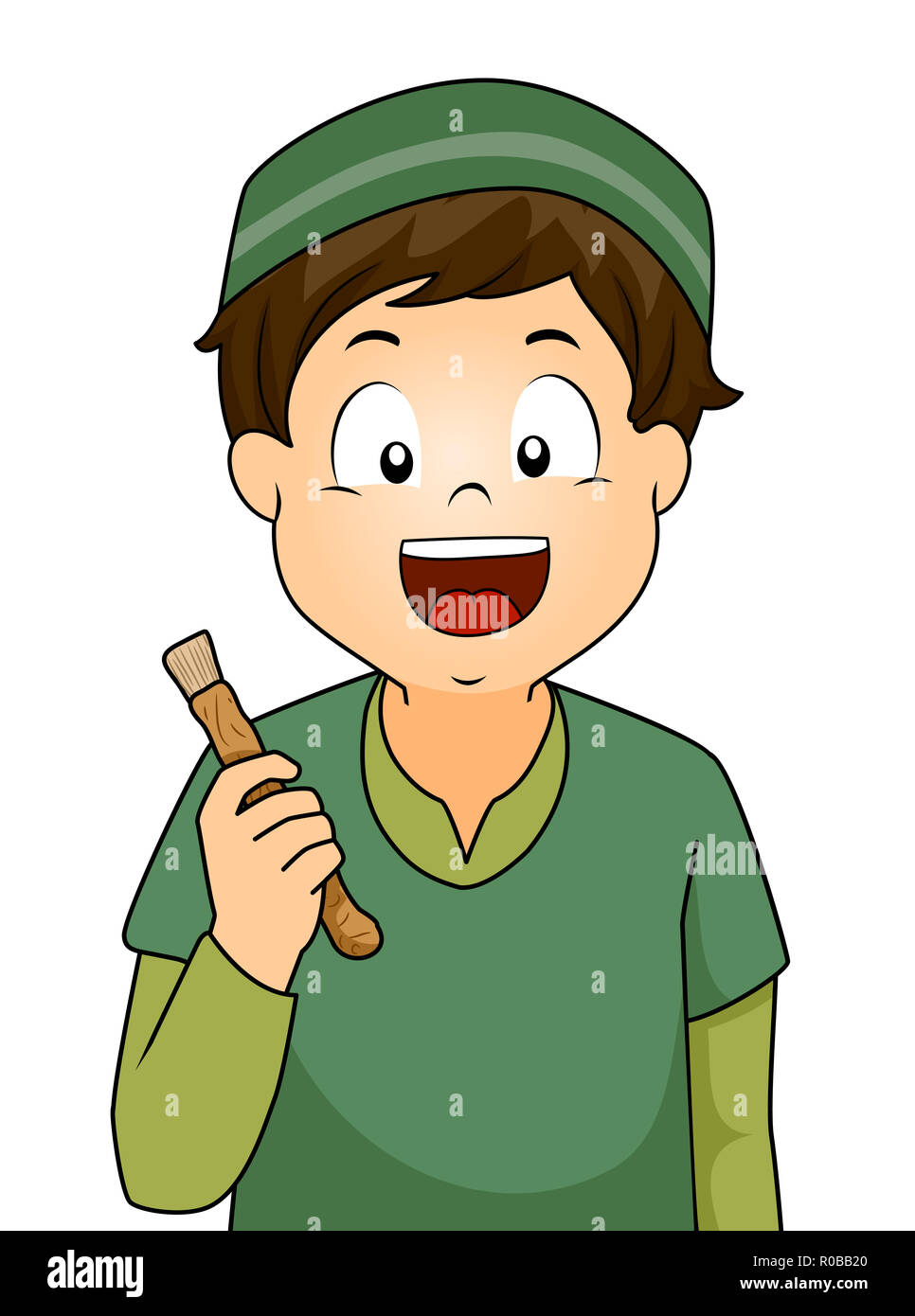Illustration of a Kid Boy Holding a Miswak Stick for Cleaning Teeth ...