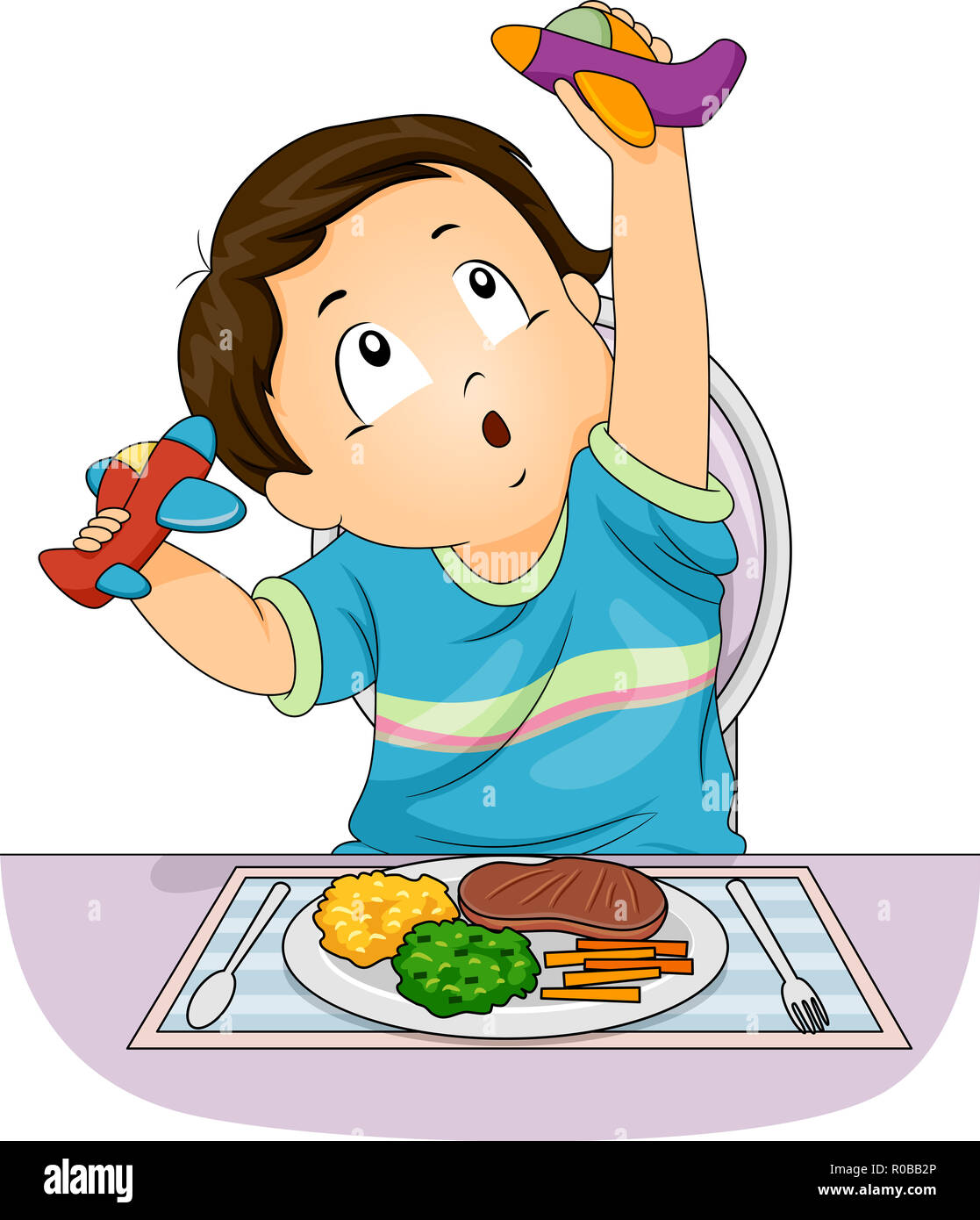 Illustration of a Kid Boy Playing With Airplane Toys Instead of Eating ...
