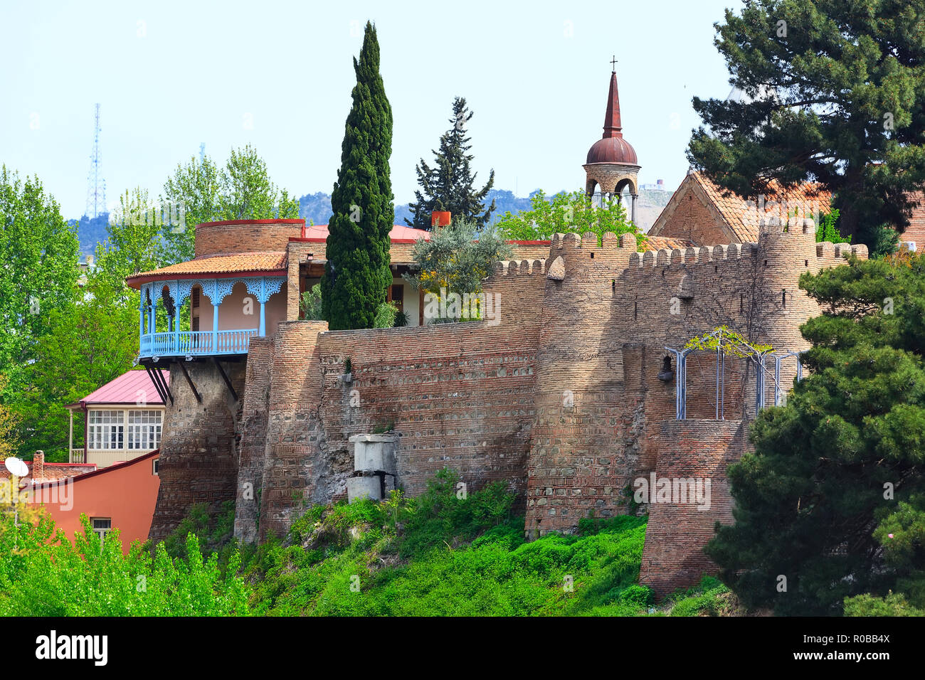 old traditional houses, wall and tower in Old Town of Tbilisi, Georgia ...