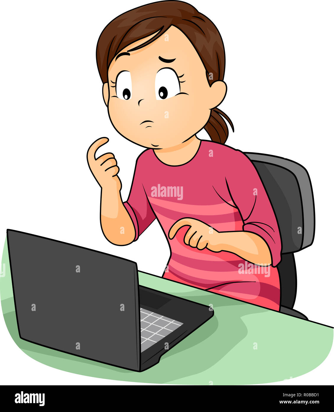 Illustration of a Kid Girl Thinking About Something on Her Laptop Stock ...