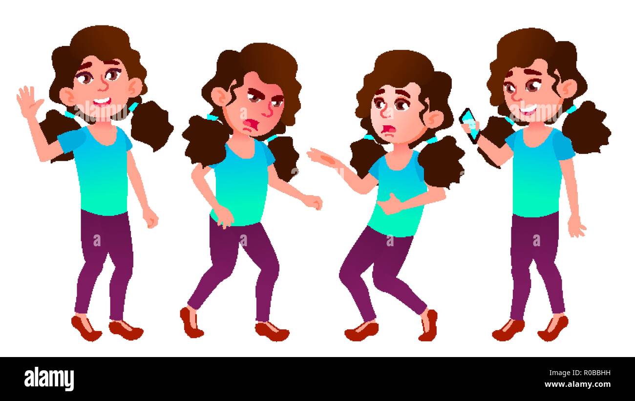 Girl Schoolgirl Kid Poses Set Vector. High School Child. School Student ...