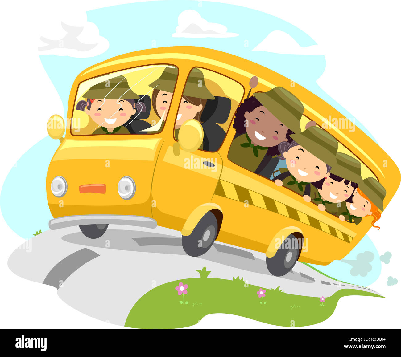 Illustration of Stickman Kid Girls Riding a School Bus Going to Camping ...