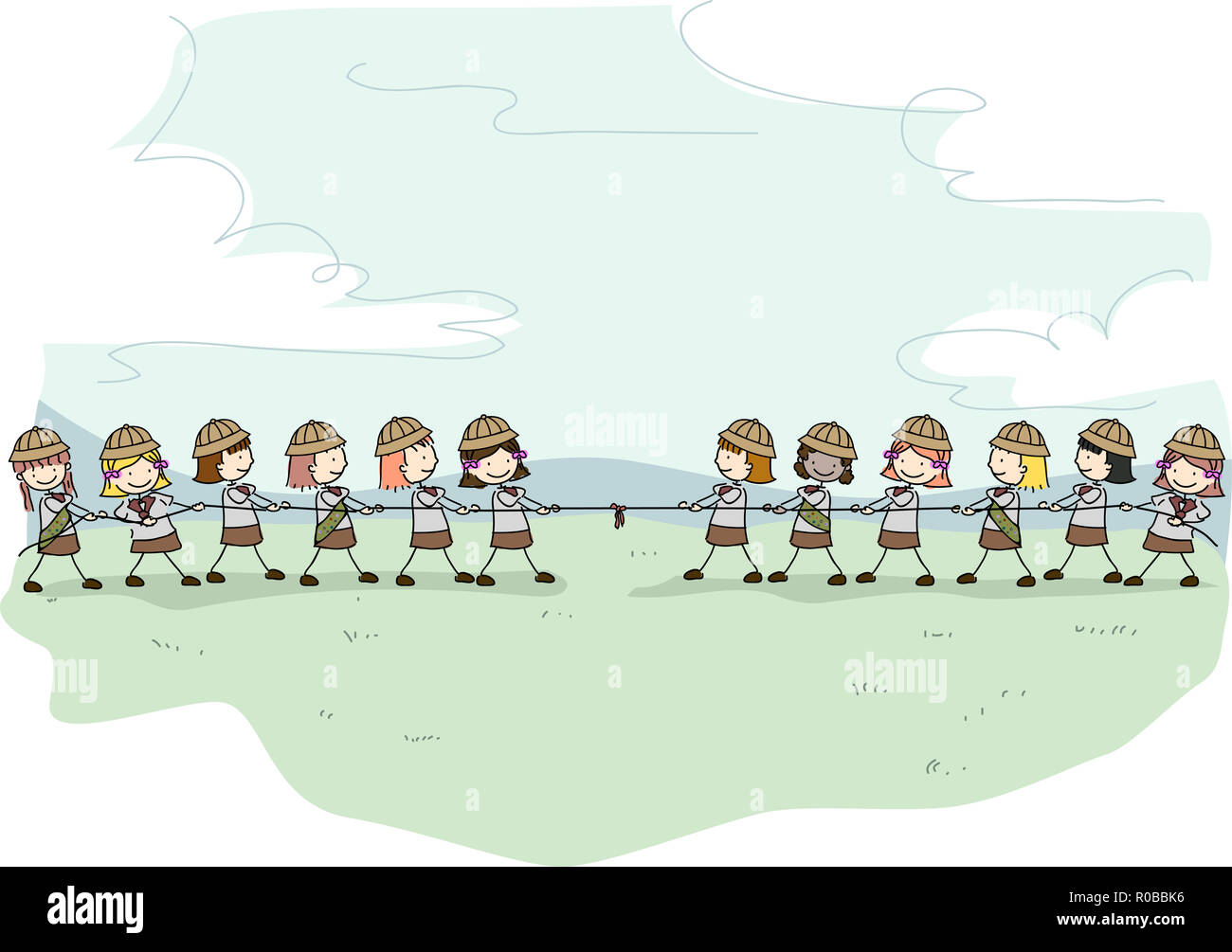 Illustration of Stickman Kid Girls Pulling a Long Rope, Playing Tug of ...
