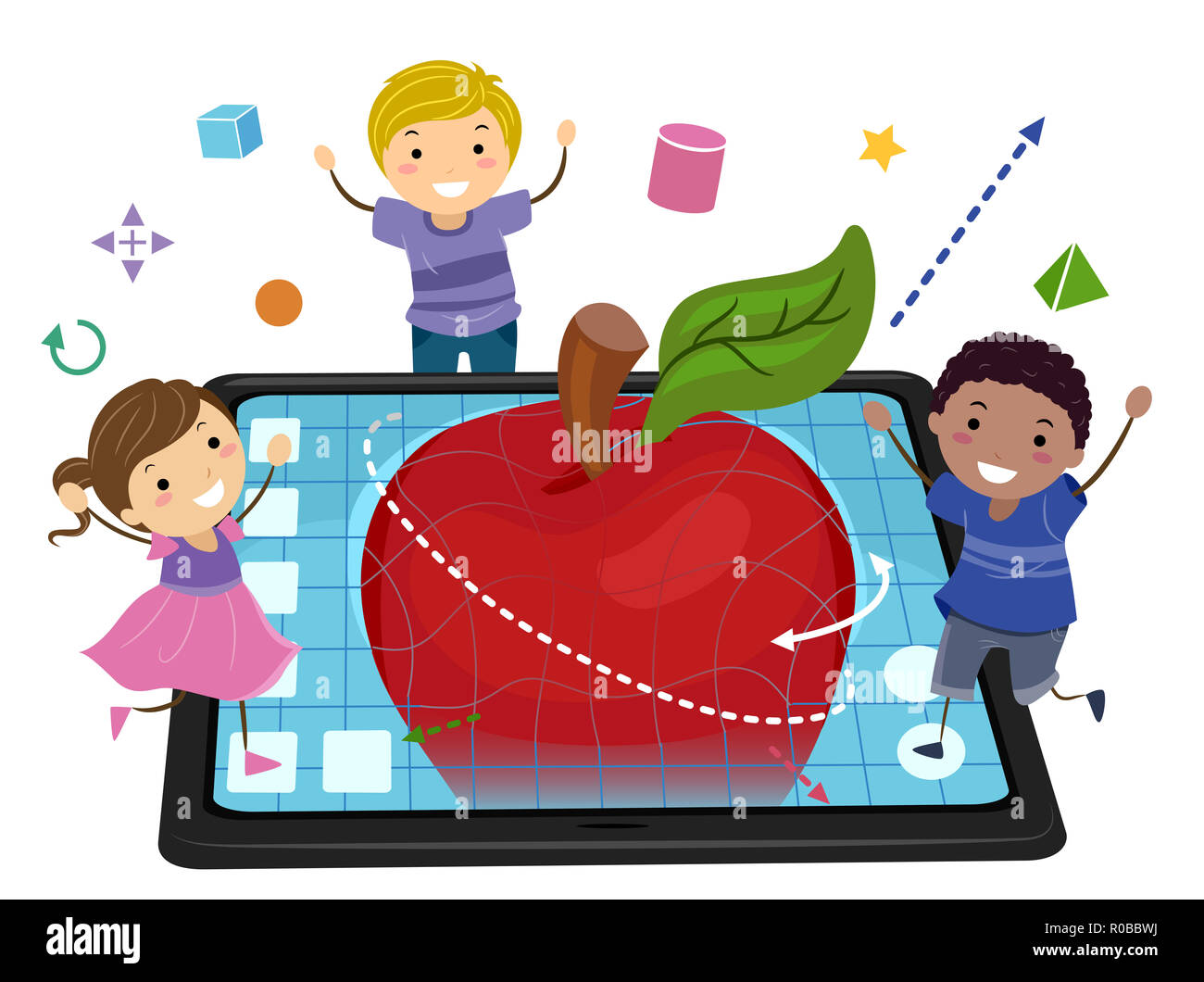 Illustration of Stickman Kids with a 3D Apple Model from a Tablet ...