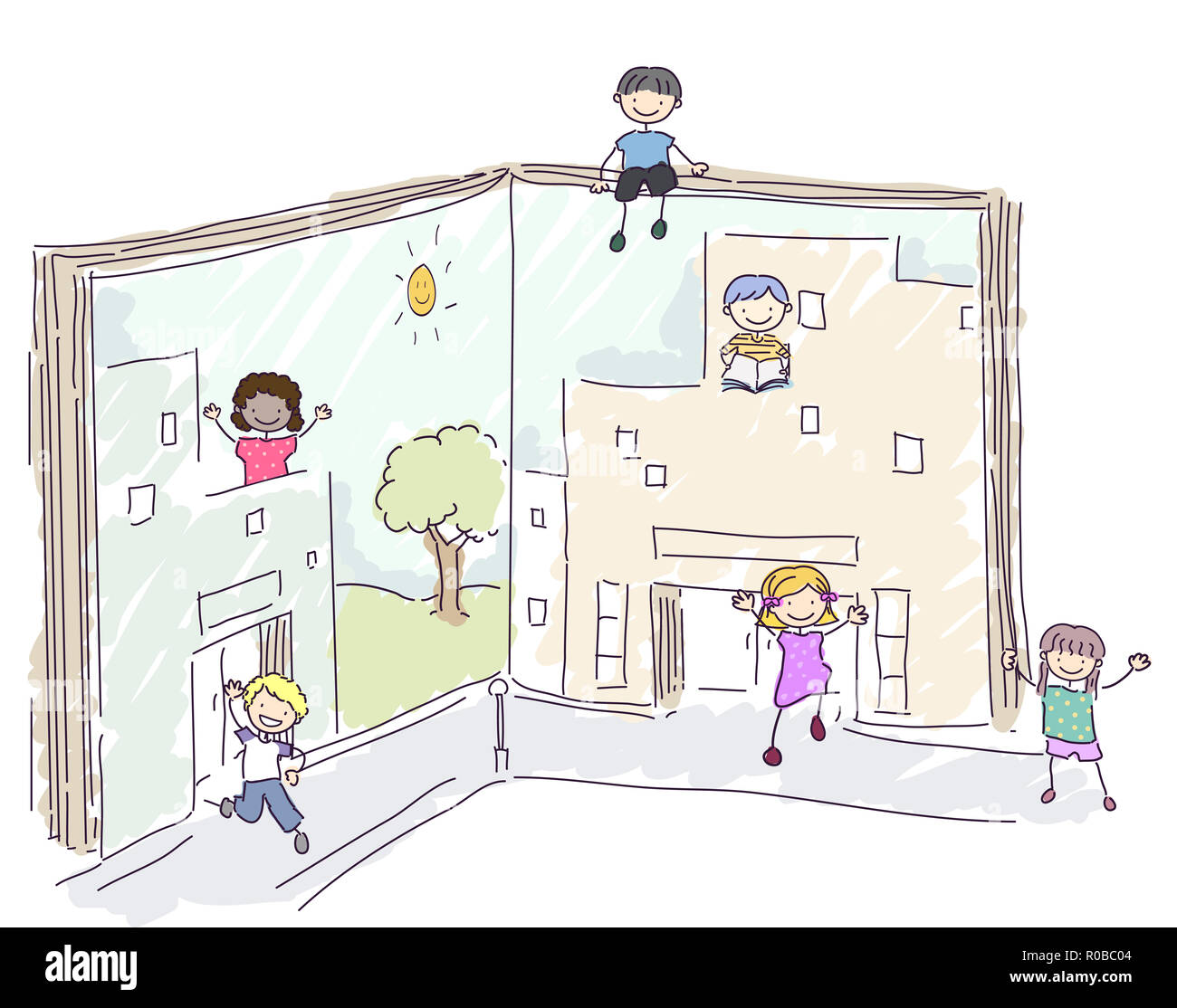 Illustration of Stickman Kids with an Open Book Full of Buildings Stock ...
