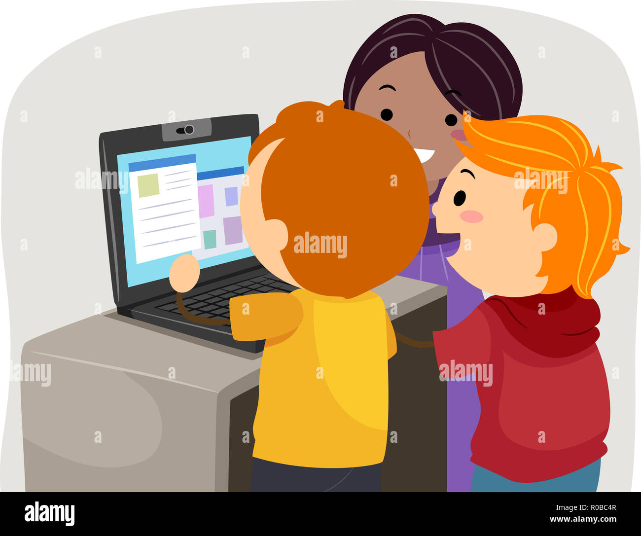 Illustration of Stickman Kids Sharing and Using a Laptop in Class Stock ...