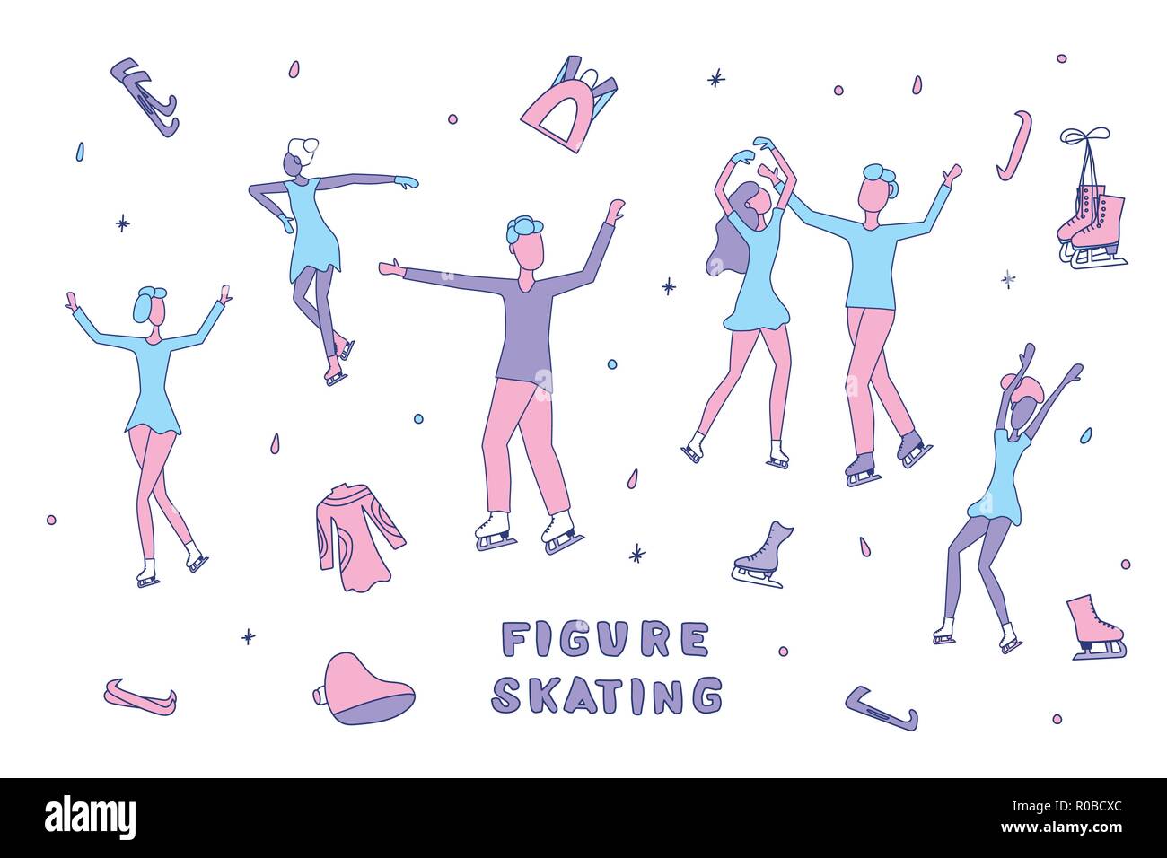 Figure skating concept. Group of people on the rink, sqorts objects and ...