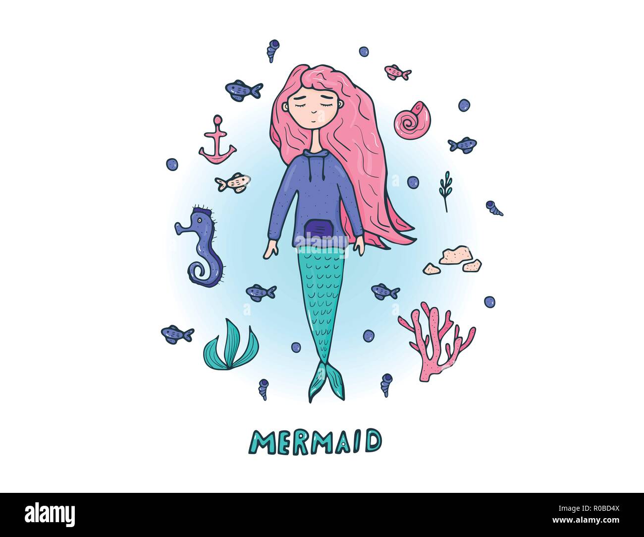 Mermaid and sea round badge in doodle style. Vector illustration Stock ...