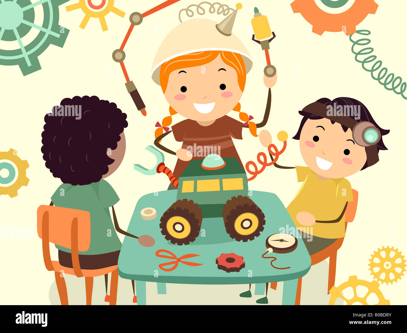 Illustration of Stickman Kids Working on a Steampunk Project Stock ...
