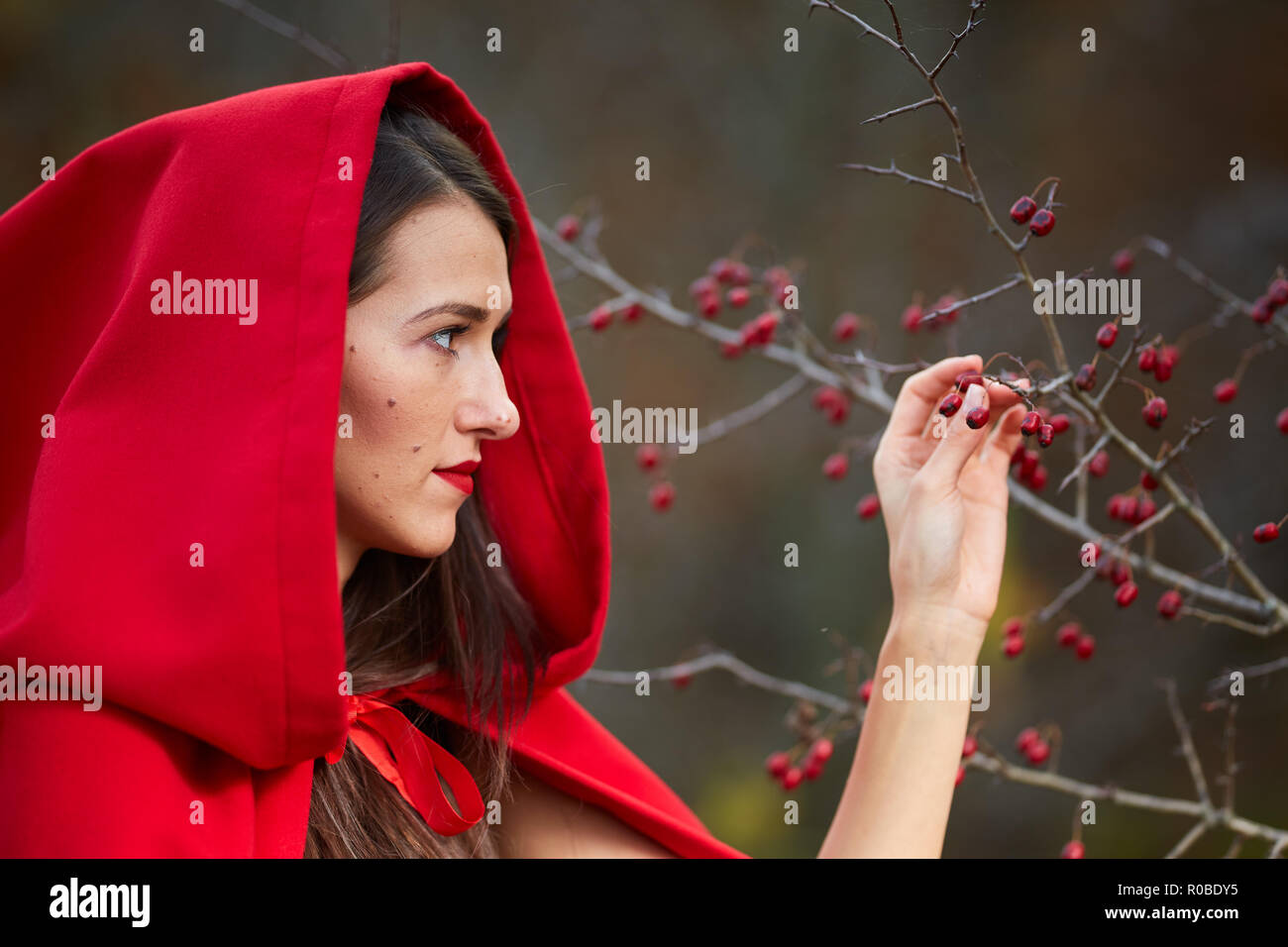Woman dressed as Red Riding Hood in various postures in the forest ...