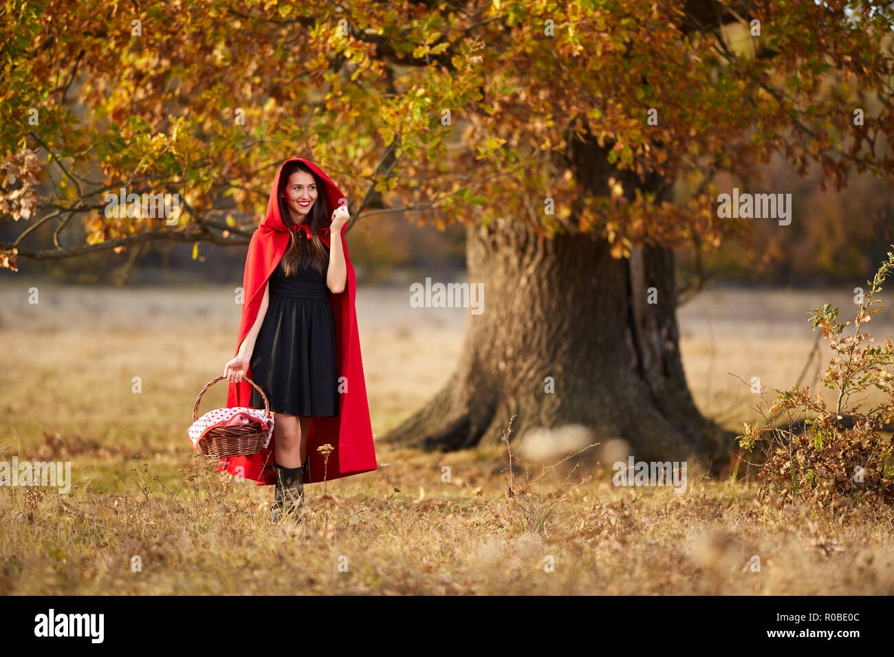 Woman dressed as Red Riding Hood in various postures in the forest ...