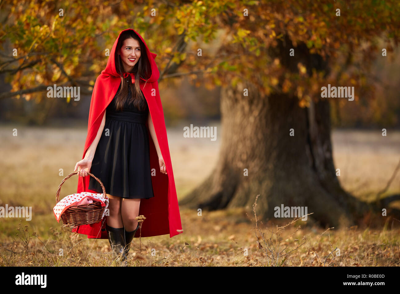 Woman dressed as Red Riding Hood in various postures in the forest ...