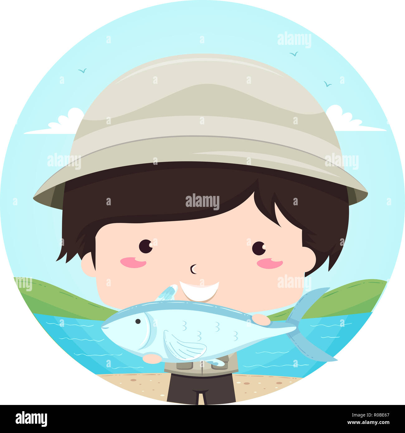 Illustration of a Kid Boy Fishing Outdoors, Holding a Fish He Caught ...