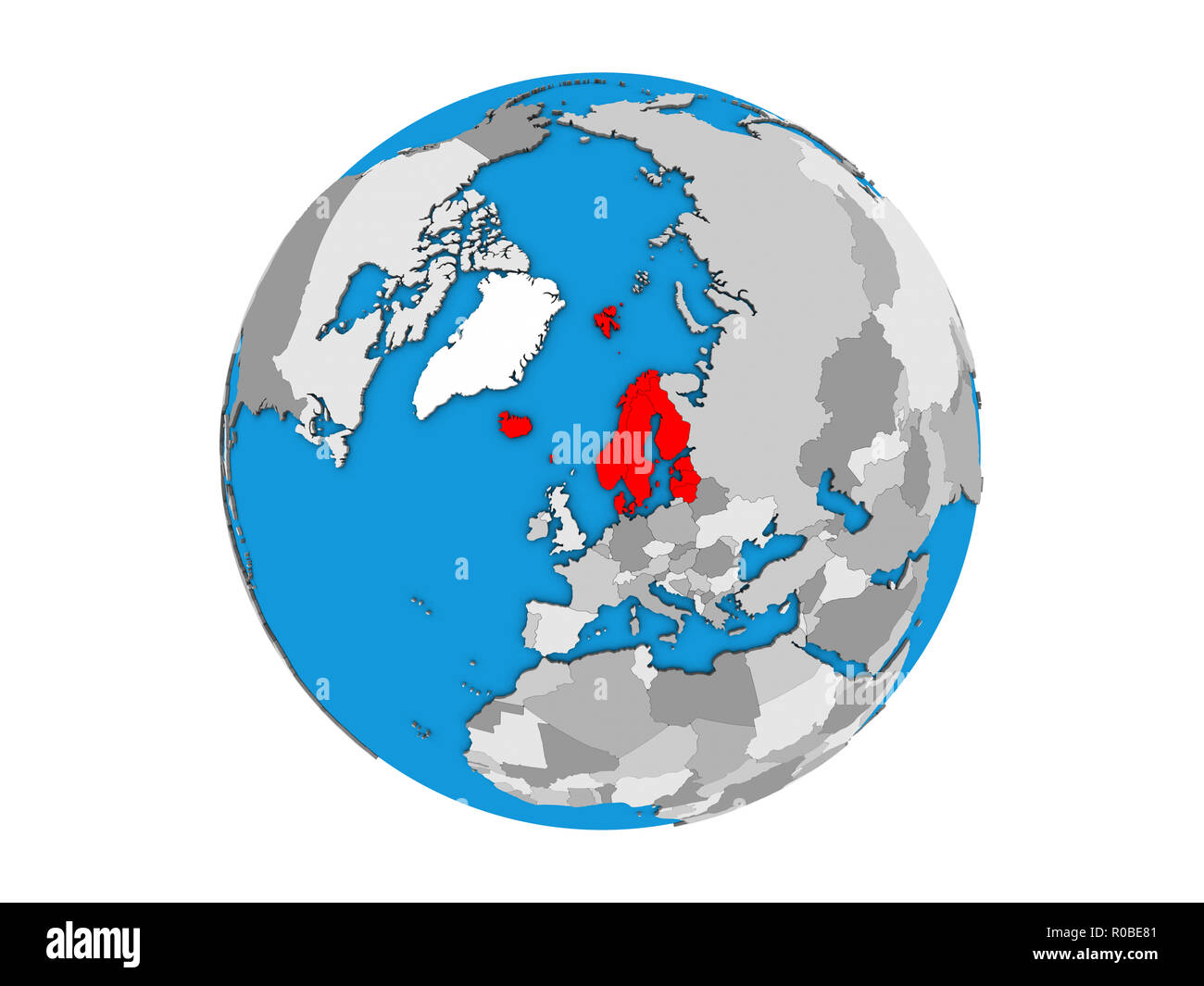 Northern Europe on blue political 3D globe. 3D illustration isolated on ...