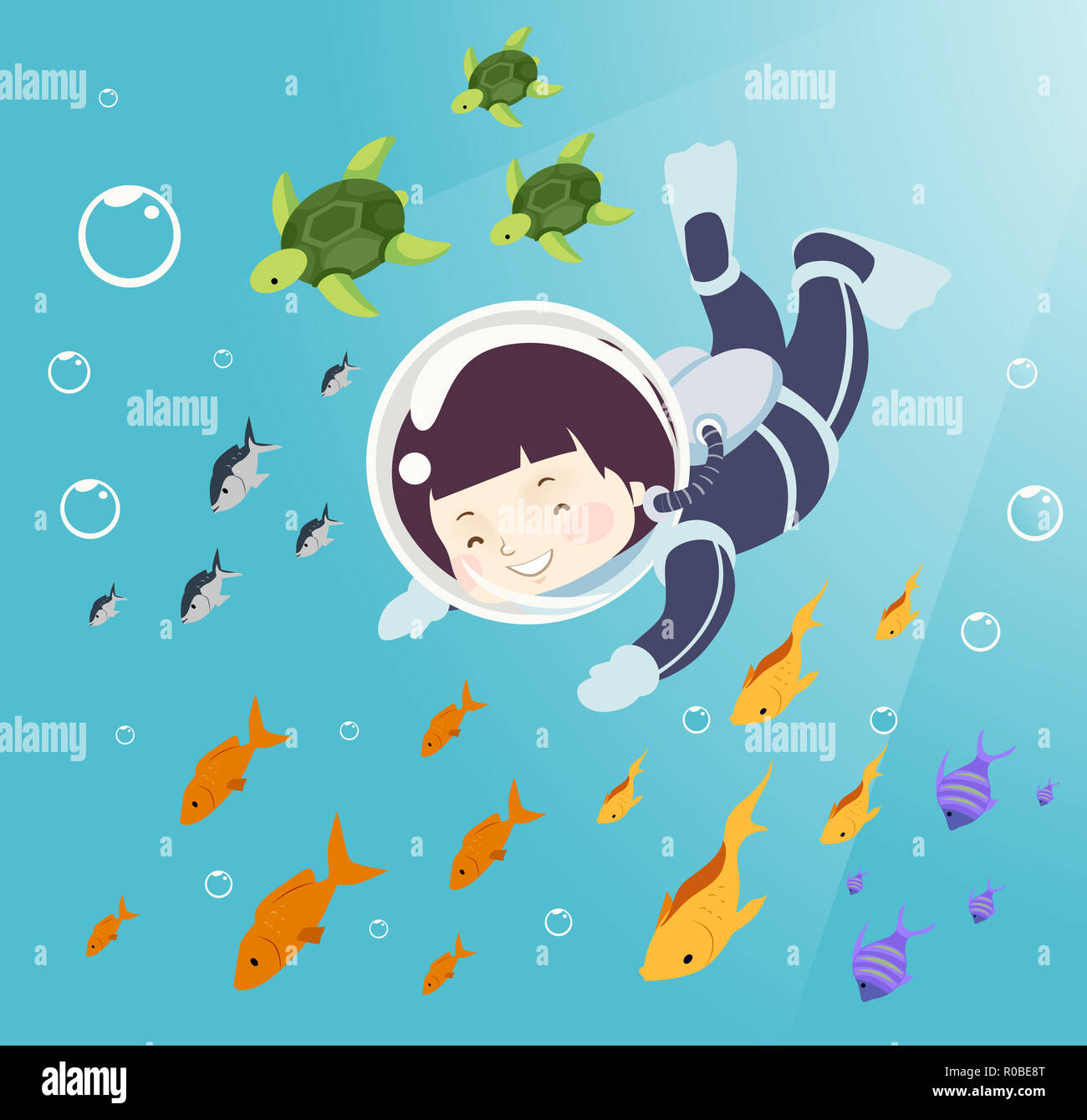 Illustration of a Kid Boy Scuba Diving Underwater with Different Kinds ...