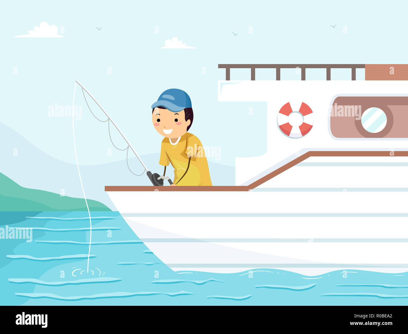 Illustration of a Stickman Man On a Boat Fishing In the Sea Stock Photo ...