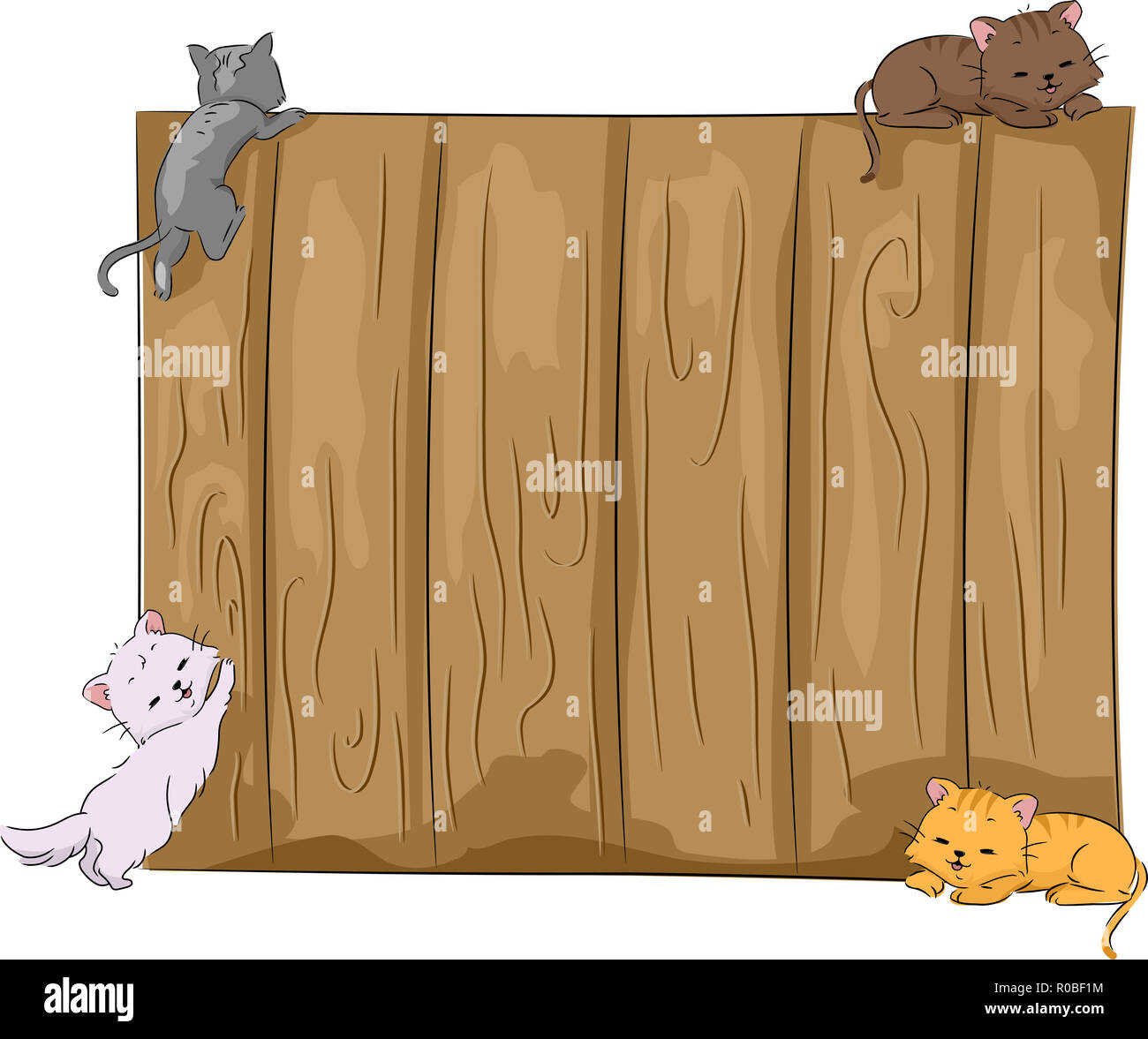 Illustration of Cats Hanging Out By a Wooden Fence Stock Photo - Alamy