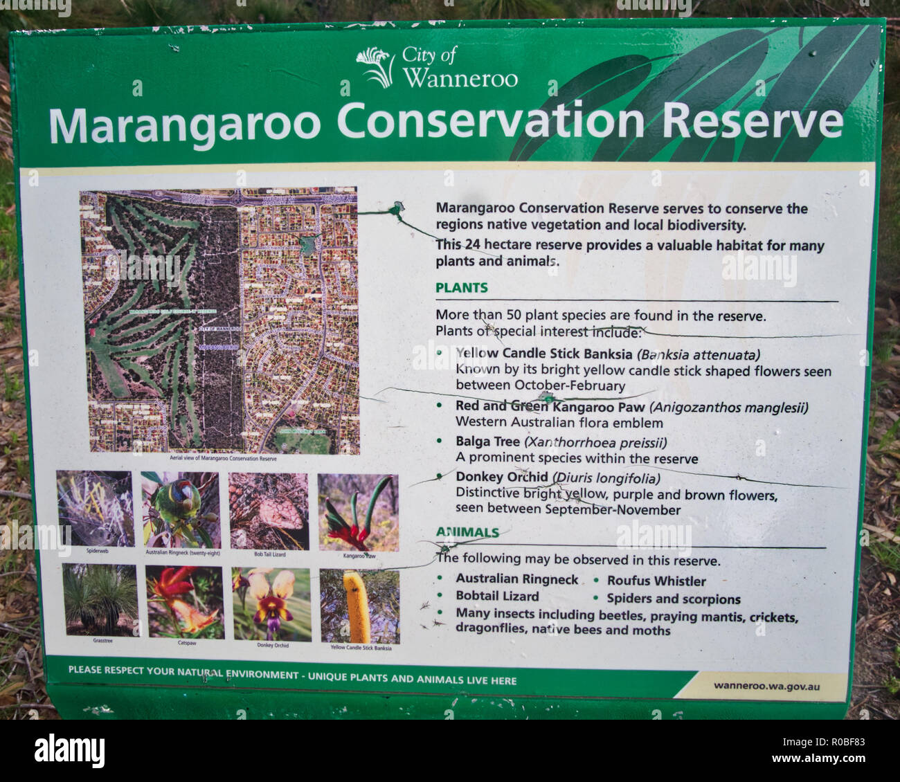 Sign introducing Marangaroo Conservation Reserve in Perth WA Stock ...