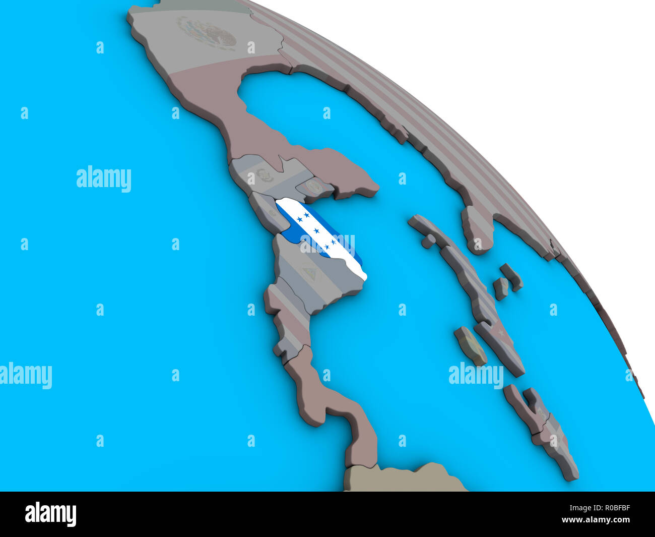 Honduras with embedded national flag on simple blue political 3D globe ...