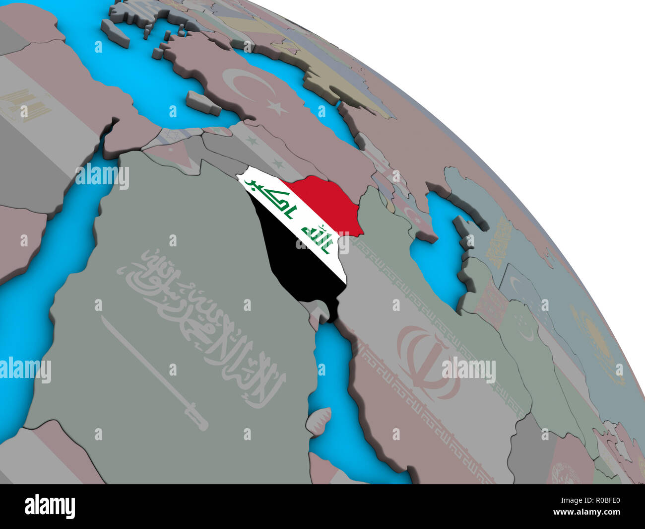 Iraq with embedded national flag on simple blue political 3D globe. 3D ...