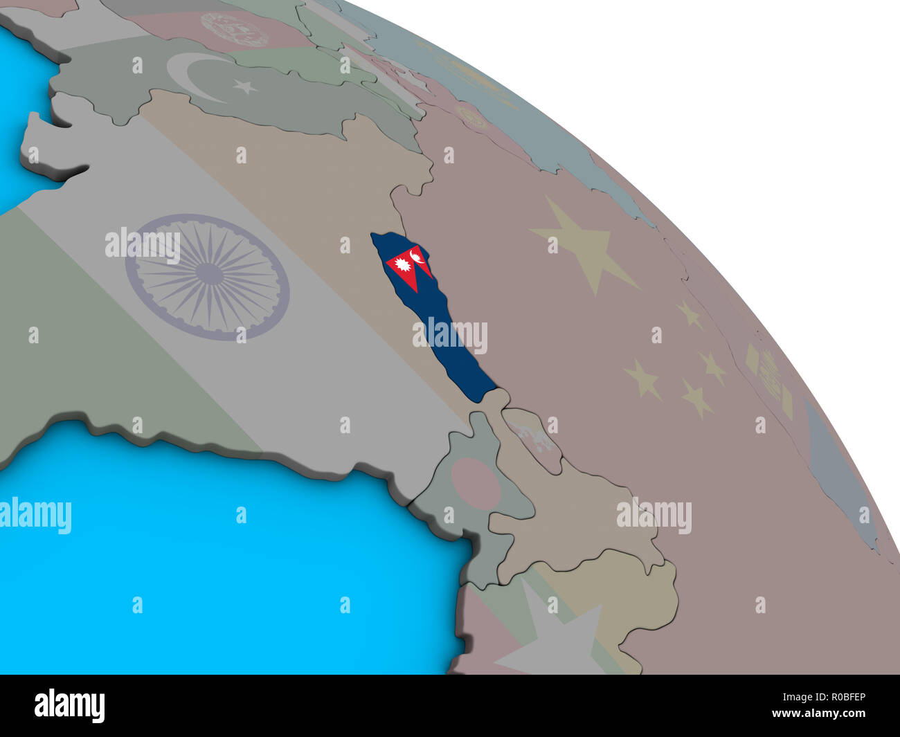 Nepal with embedded national flag on simple blue political 3D globe. 3D ...