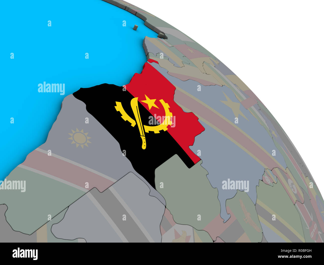 Angola with embedded national flag on simple blue political 3D globe ...