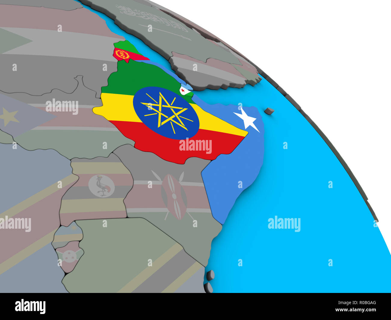 Horn of Africa with embedded national flags on simple blue political 3D ...
