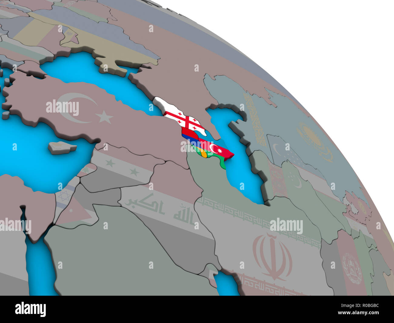 Caucasus region with embedded national flags on simple blue political ...