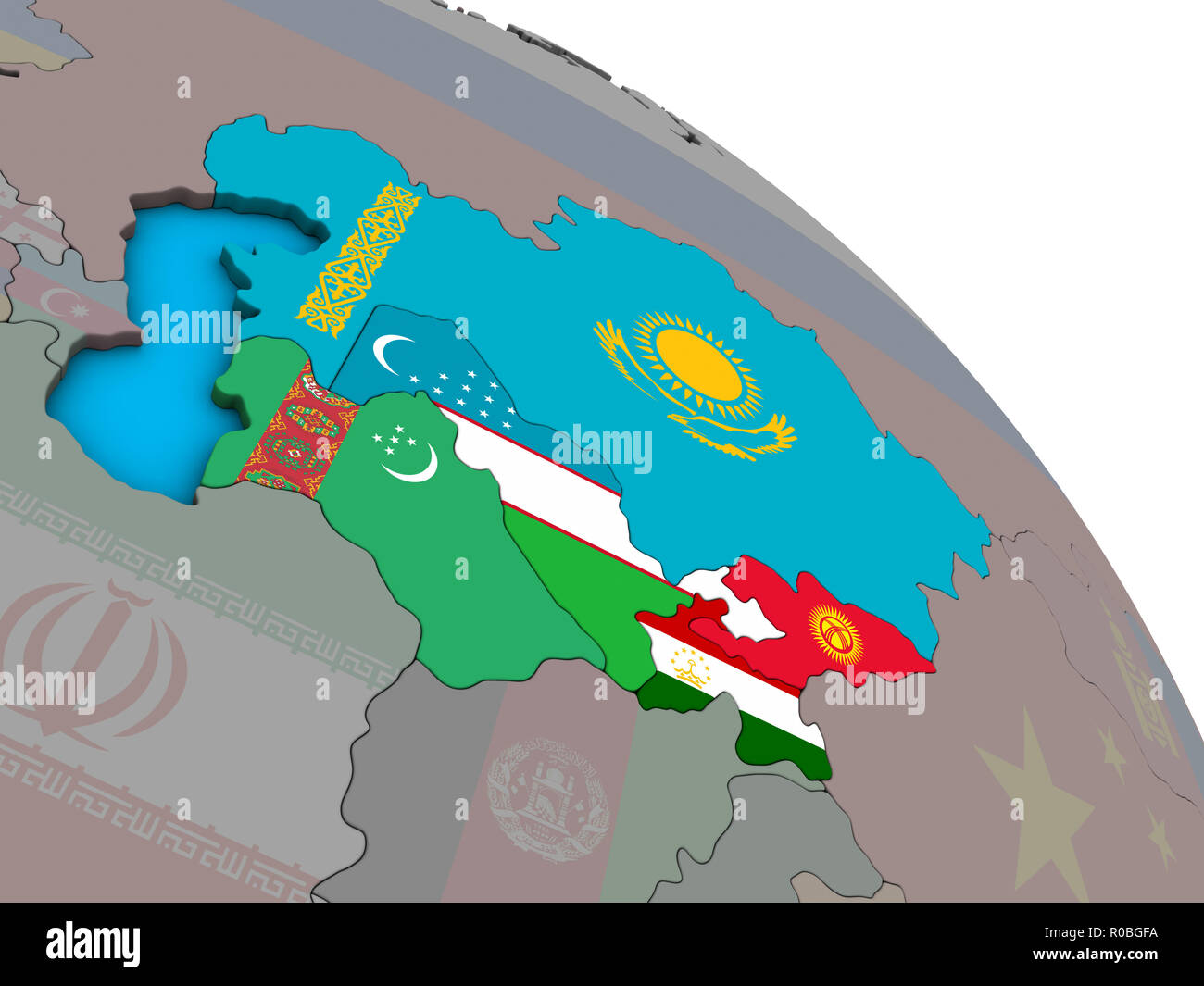 Central Asia with embedded national flags on simple blue political 3D ...