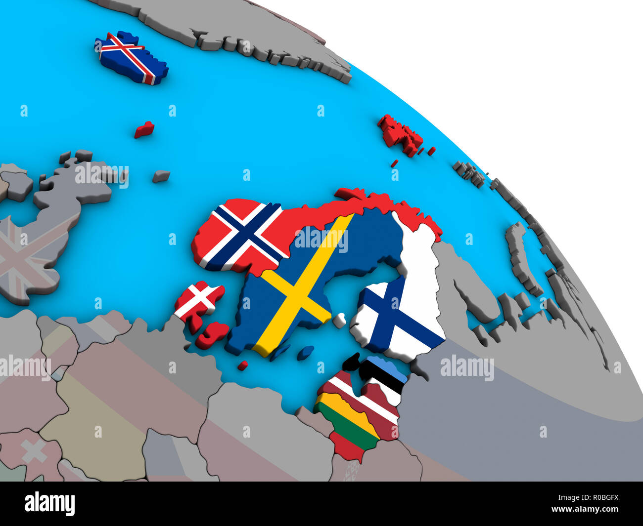 Northern Europe with embedded national flags on simple blue political ...