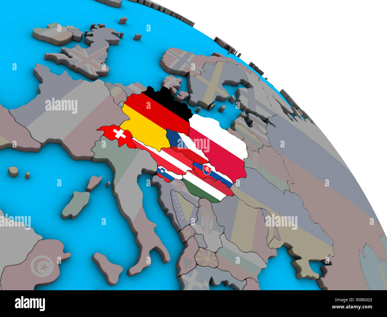 Central Europe with embedded national flags on simple blue political 3D ...